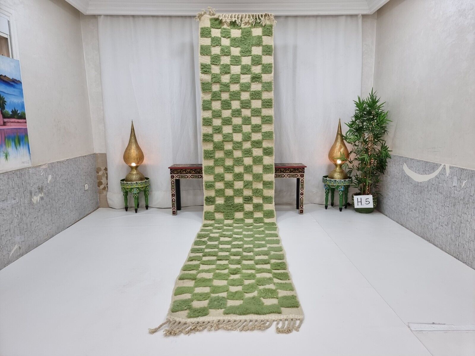 MUJAN- Green Boho Beni Ourain 3’x14’7” Wool Runner - Tribal Moroccan Rug
